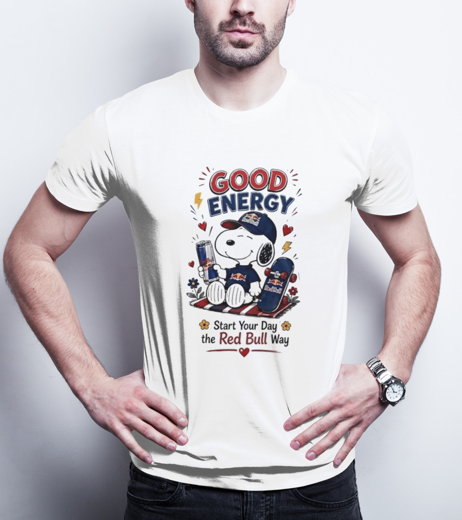Snoopy Good Energy Start Your Day The Red Bull Way Skateboard And Drink T-Shirt