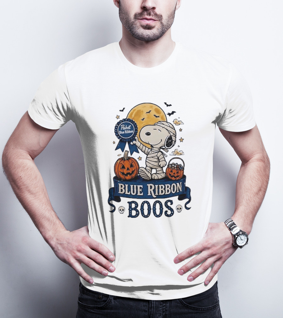 Pabst Blue Ribbon Snoopy Mummy Halloween Blue Ribbon Boos Pumpkin Moon Bats T-Shirt