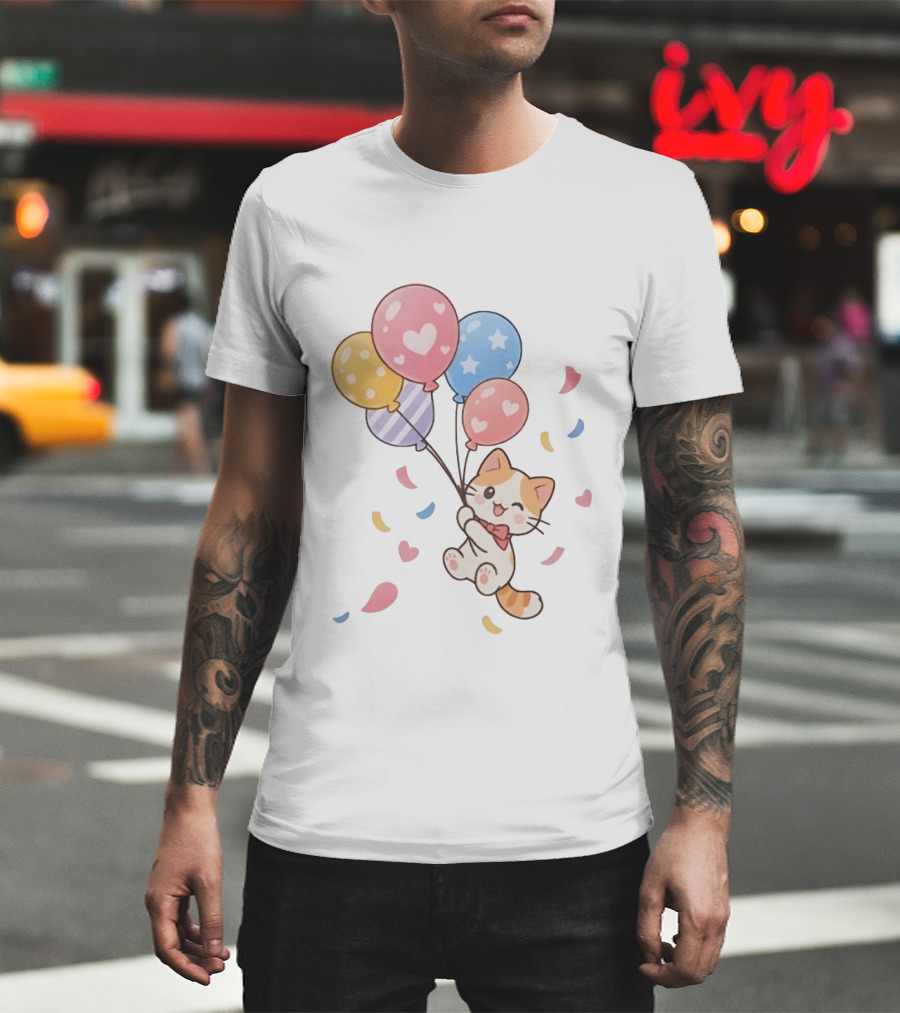 Cat Floating With Colorful Balloons T-Shirt