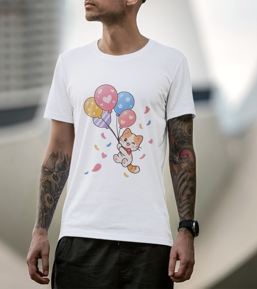 Cat Floating With Colorful Balloons T-Shirt
