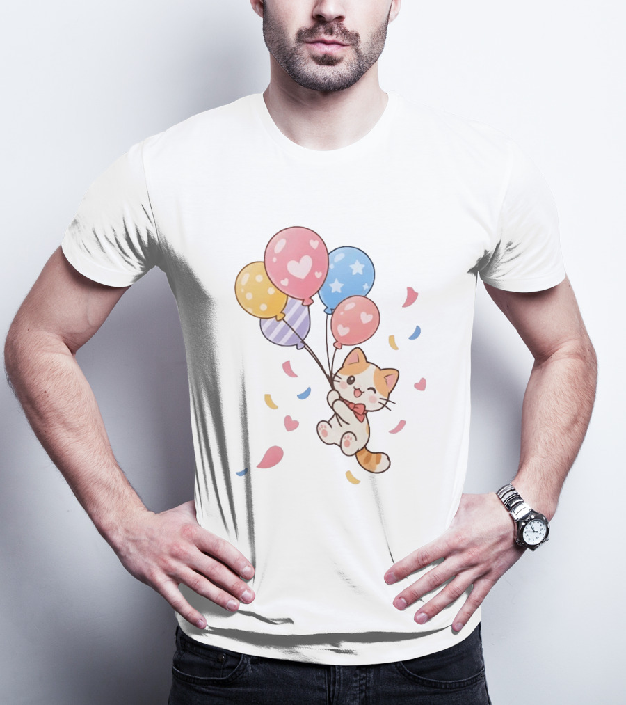 Cat Floating With Colorful Balloons T-Shirt