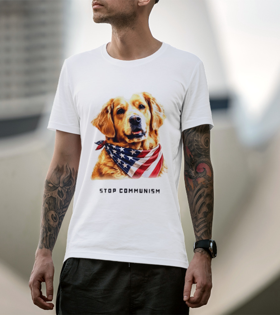 Golden Retriever Wearing American Flag Bandana Stop Communism T-Shirt
