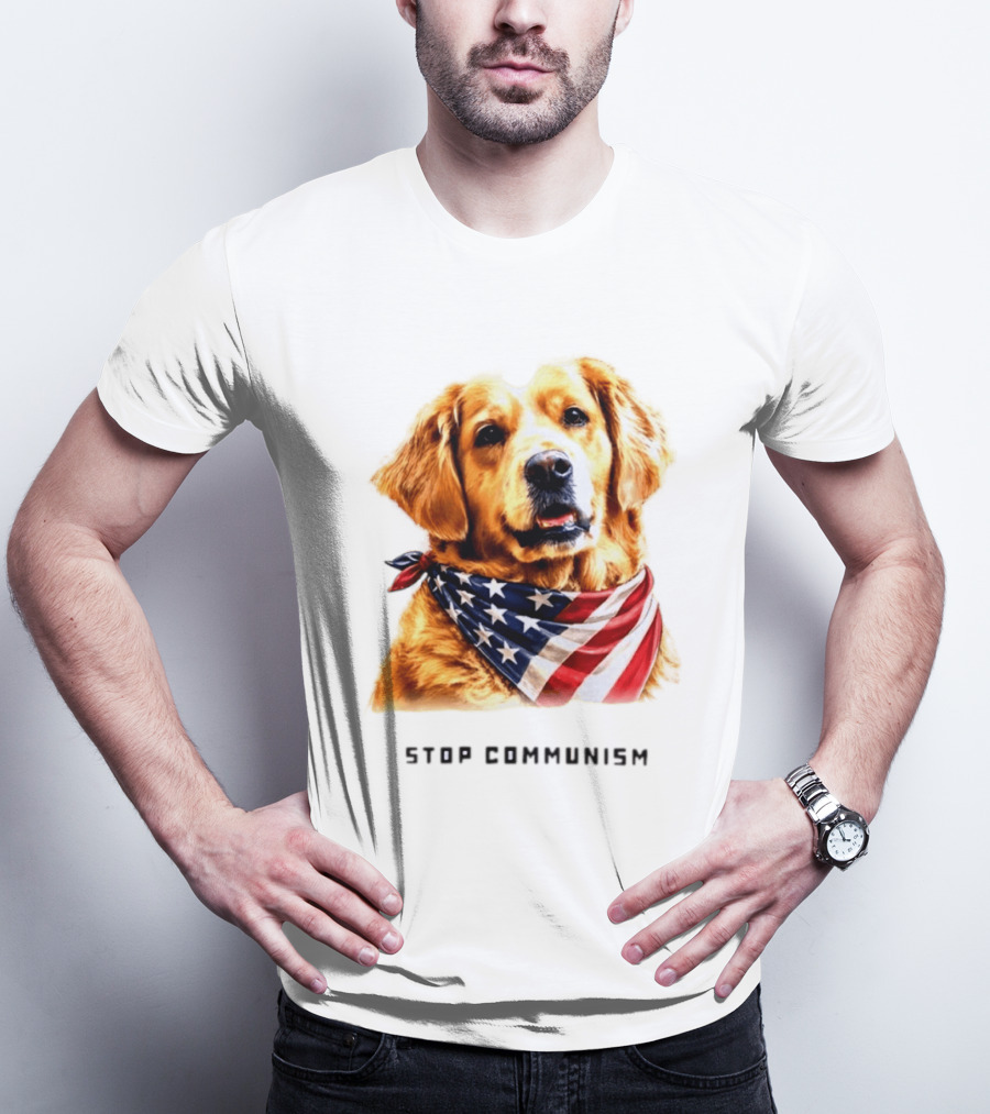 Golden Retriever Wearing American Flag Bandana Stop Communism T-Shirt