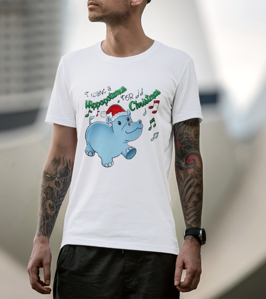 Inktastic I Want A Hippopotamus For Christmas Hippo In Santa Hat T-Shirt