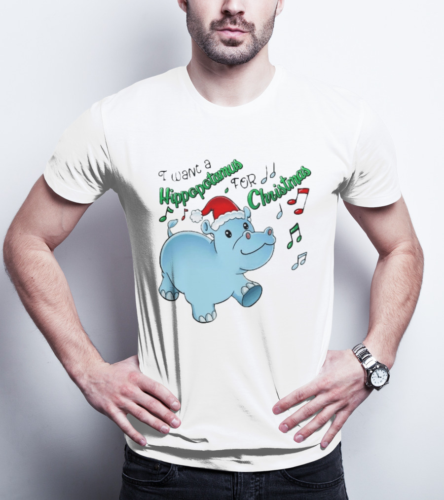 Inktastic I Want A Hippopotamus For Christmas Hippo In Santa Hat T-Shirt