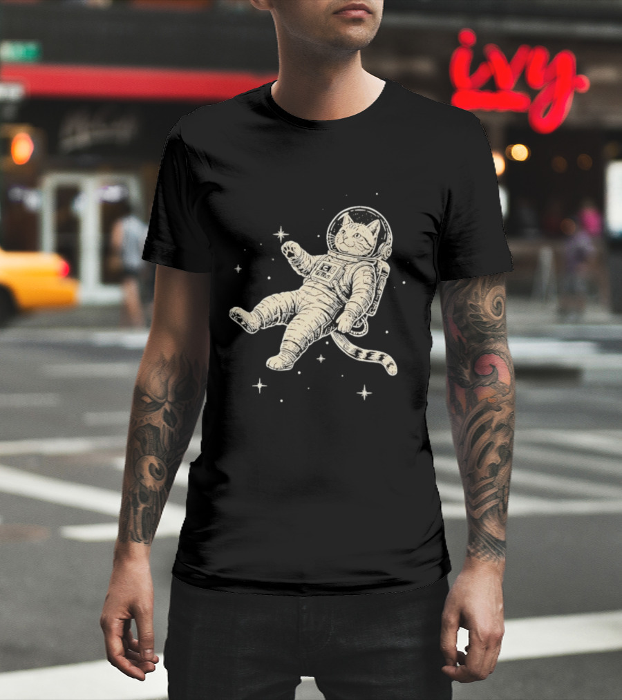 Astronaut Cat Floating In Space With Stars And Helmet T-Shirt