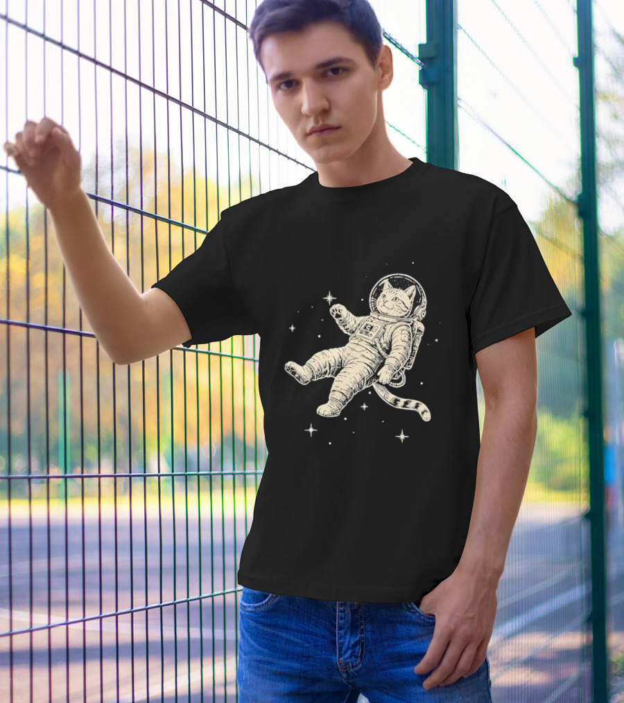 Astronaut Cat Floating In Space With Stars And Helmet T-Shirt