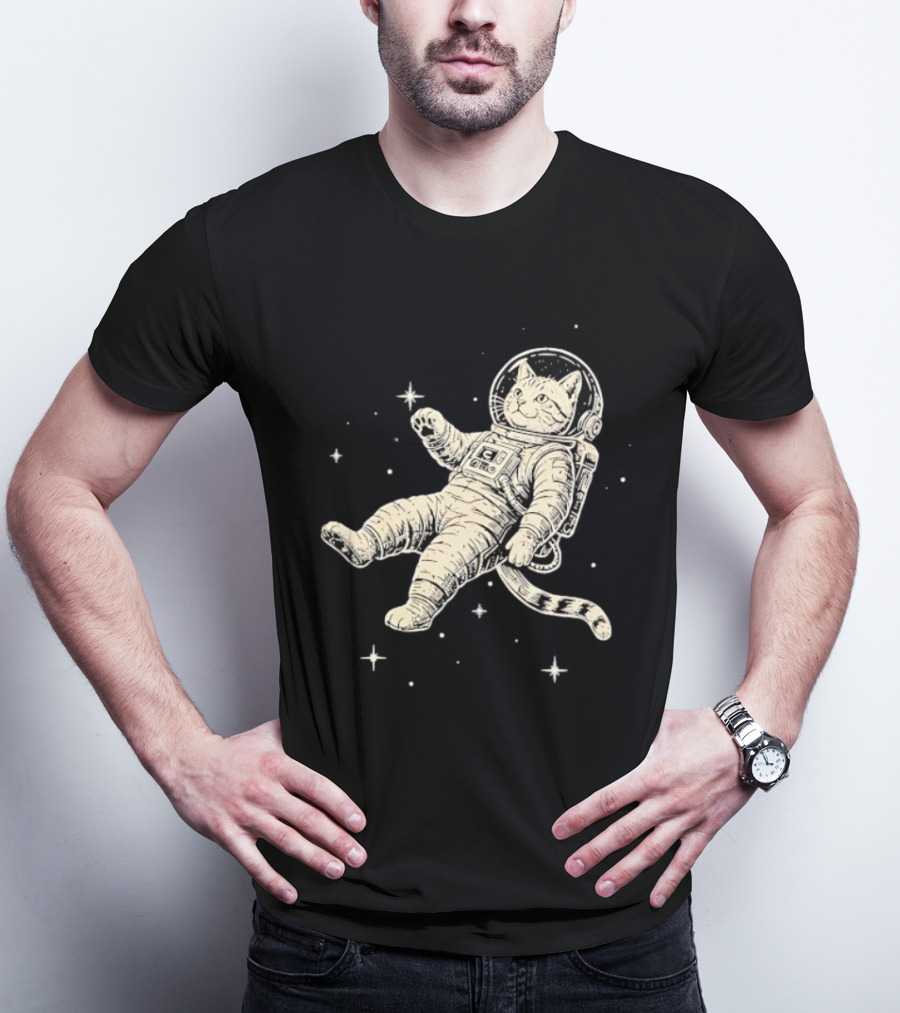 Astronaut Cat Floating In Space With Stars And Helmet T-Shirt