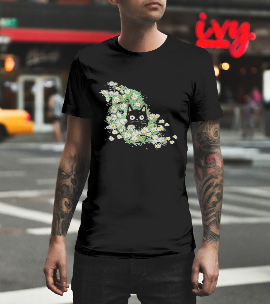 Black Cat Surrounded By Daisies In A Field T-Shirt