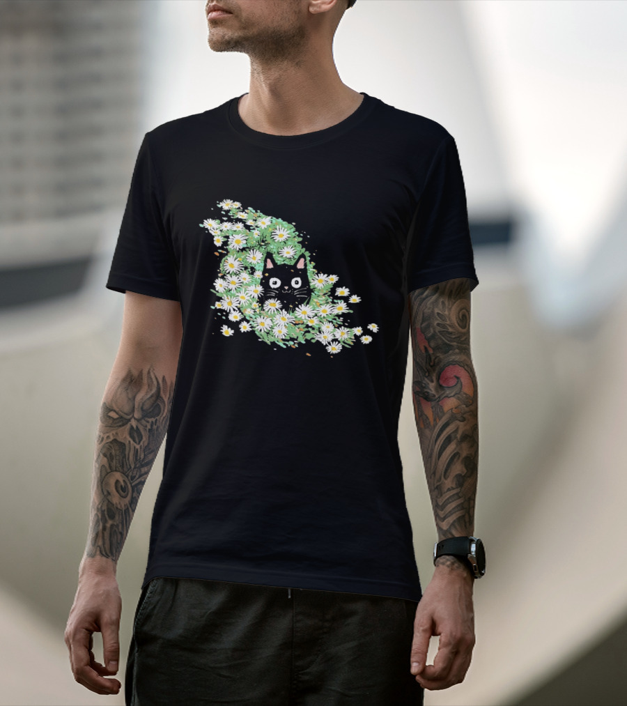 Black Cat Surrounded By Daisies In A Field T-Shirt