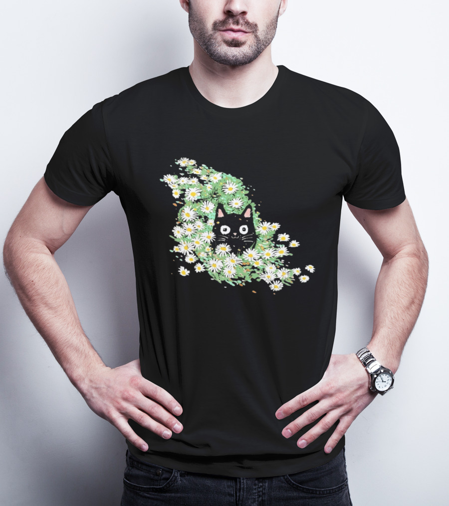 Black Cat Surrounded By Daisies In A Field T-Shirt