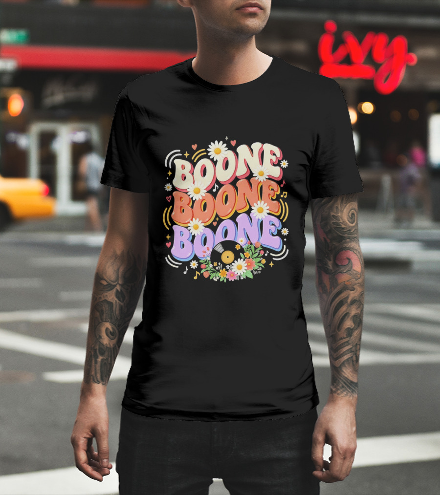 Boone Floral Vinyl Record Music Lover Colorful Daisy Notes Hearts T-Shirt