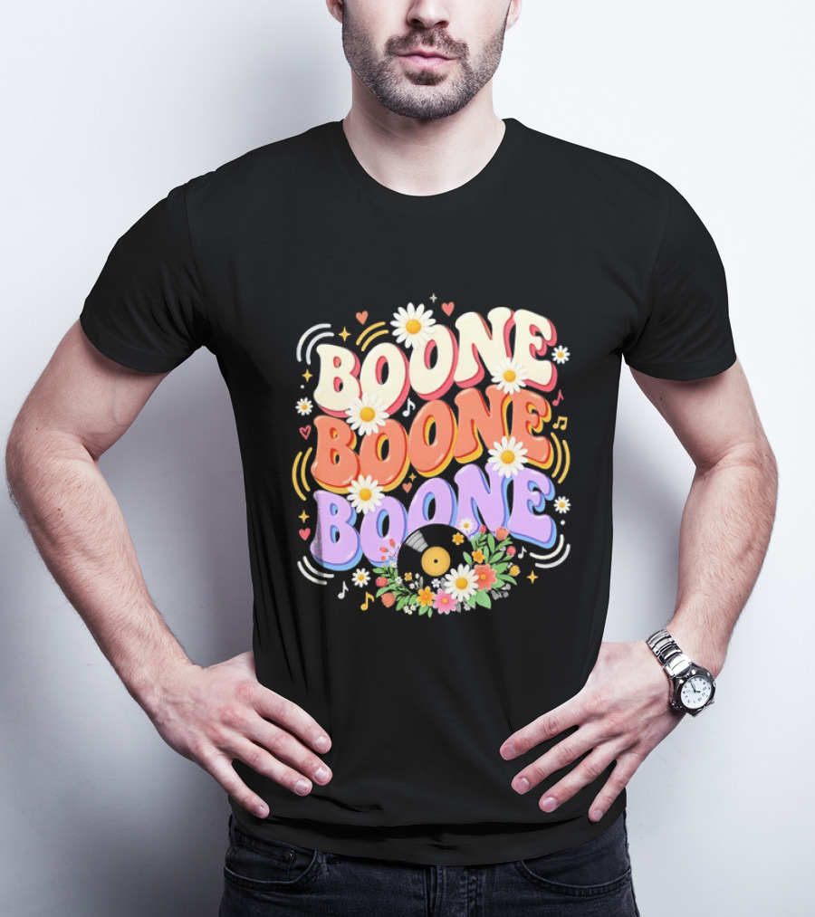 Boone Floral Vinyl Record Music Lover Colorful Daisy Notes Hearts T-Shirt