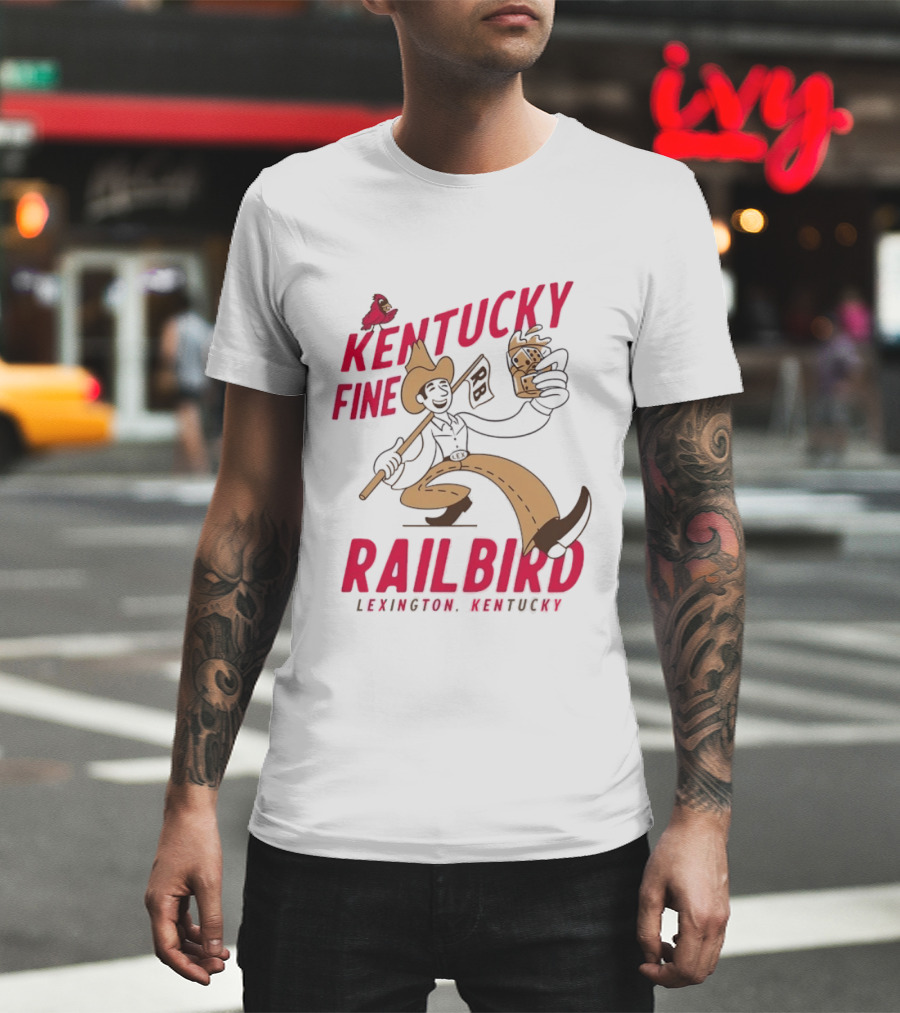 Kentucky Fine Railbird Lexington Kentucky Cowboy With Trophy And Cardinal T-Shirt