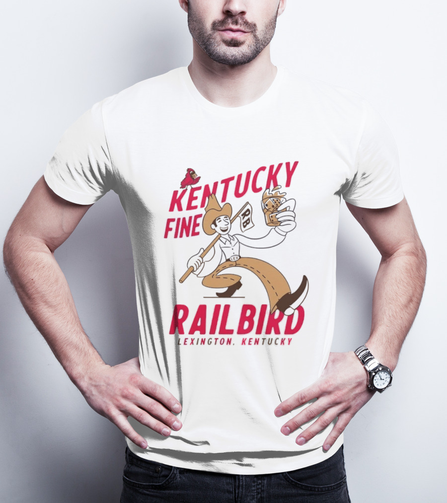 Kentucky Fine Railbird Lexington Kentucky Cowboy With Trophy And Cardinal T-Shirt