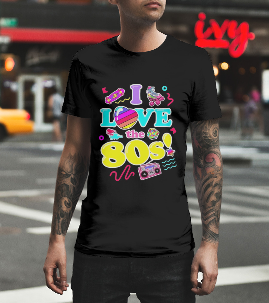 I Love The 80s Nostalgia Roller Skates Boombox Rubik's Cube Retro Fun T-Shirt