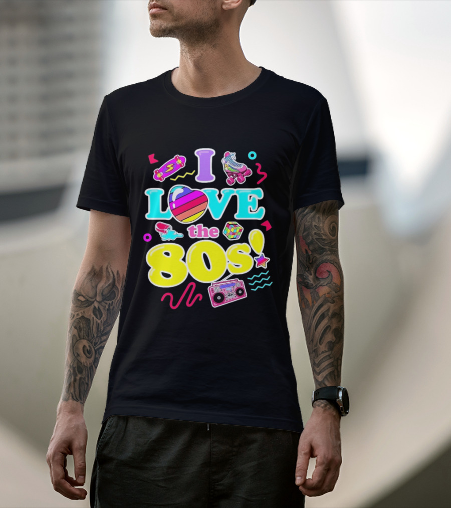I Love The 80s Nostalgia Roller Skates Boombox Rubik's Cube Retro Fun T-Shirt