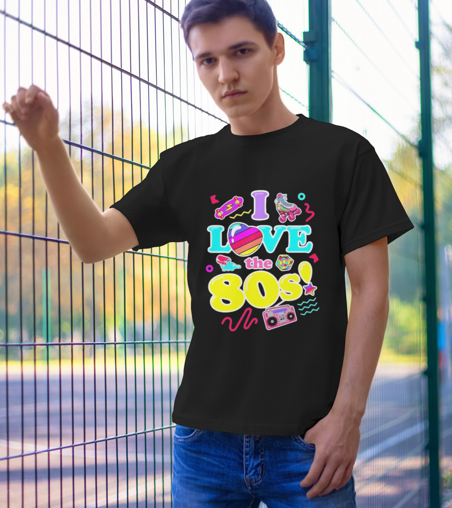 I Love The 80s Nostalgia Roller Skates Boombox Rubik's Cube Retro Fun T-Shirt