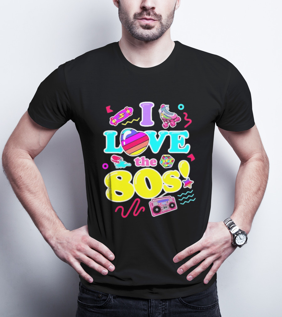 I Love The 80s Nostalgia Roller Skates Boombox Rubik's Cube Retro Fun T-Shirt