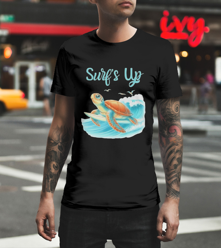 Surf's Up Turtle Riding Surfboard On Big Wave T-Shirt