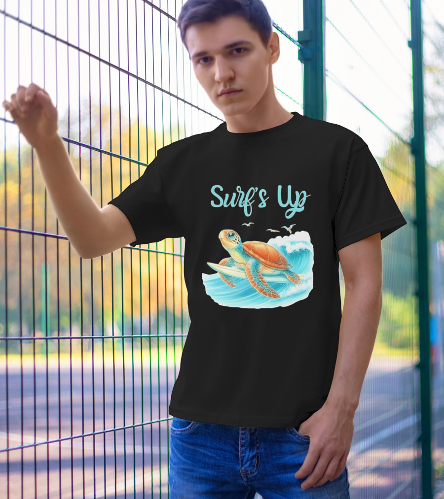 Surf's Up Turtle Riding Surfboard On Big Wave T-Shirt