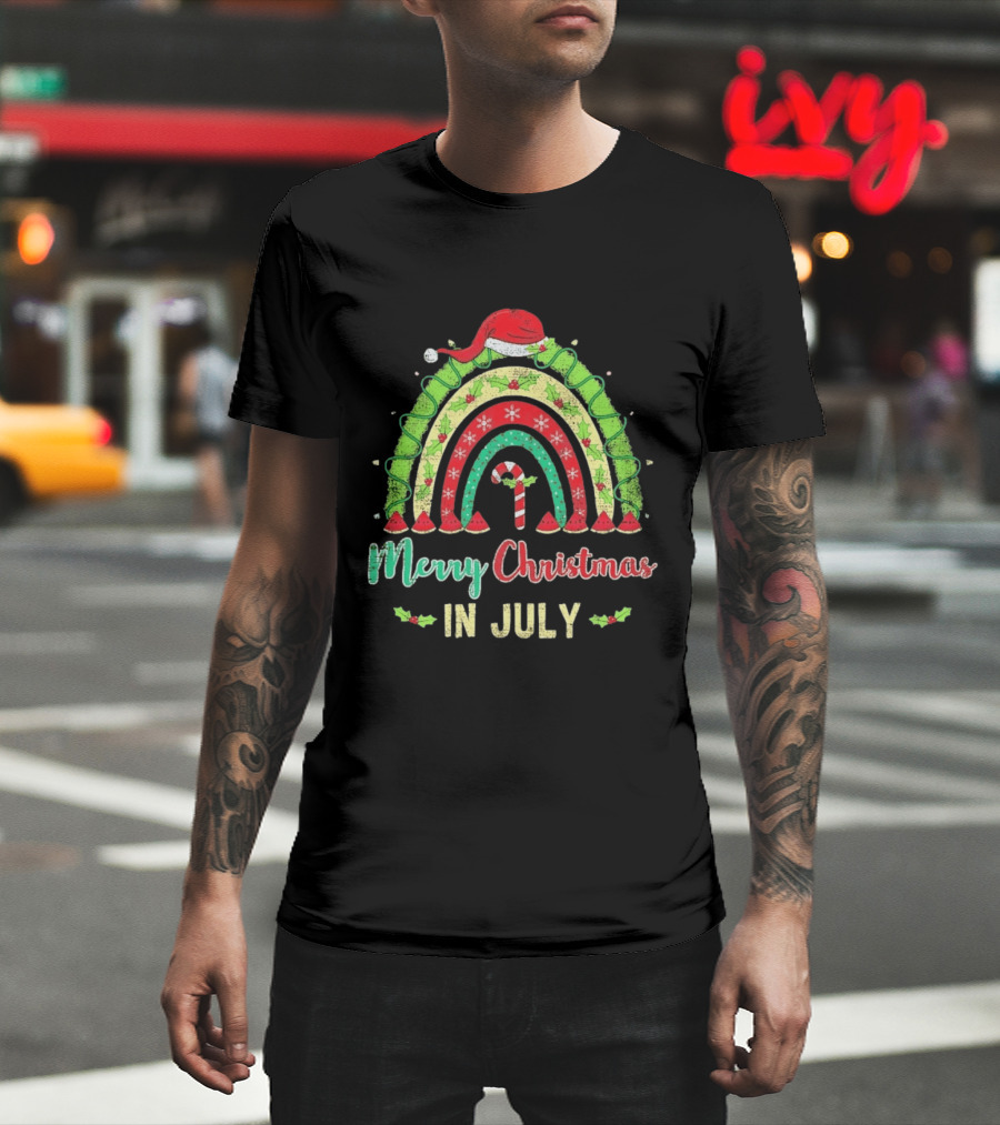 Merry Christmas In July Distressed Rainbow With Santa Hat And Candy Cane T-Shirt