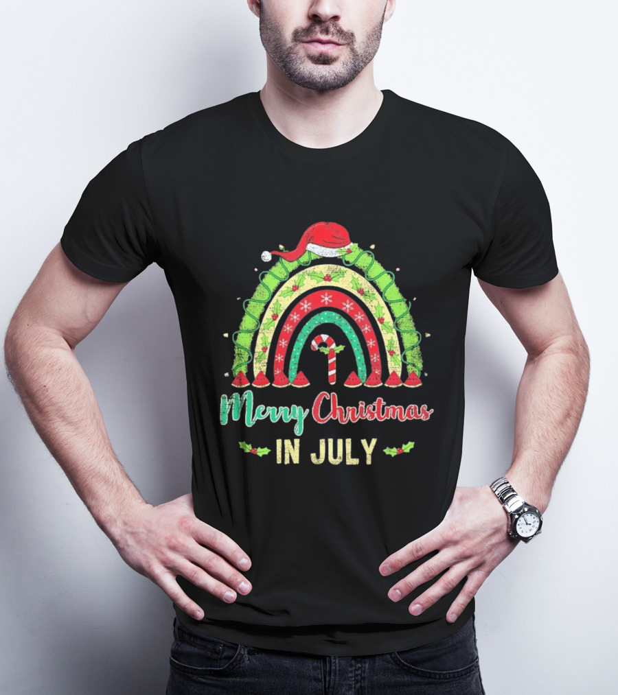 Merry Christmas In July Distressed Rainbow With Santa Hat And Candy Cane T-Shirt