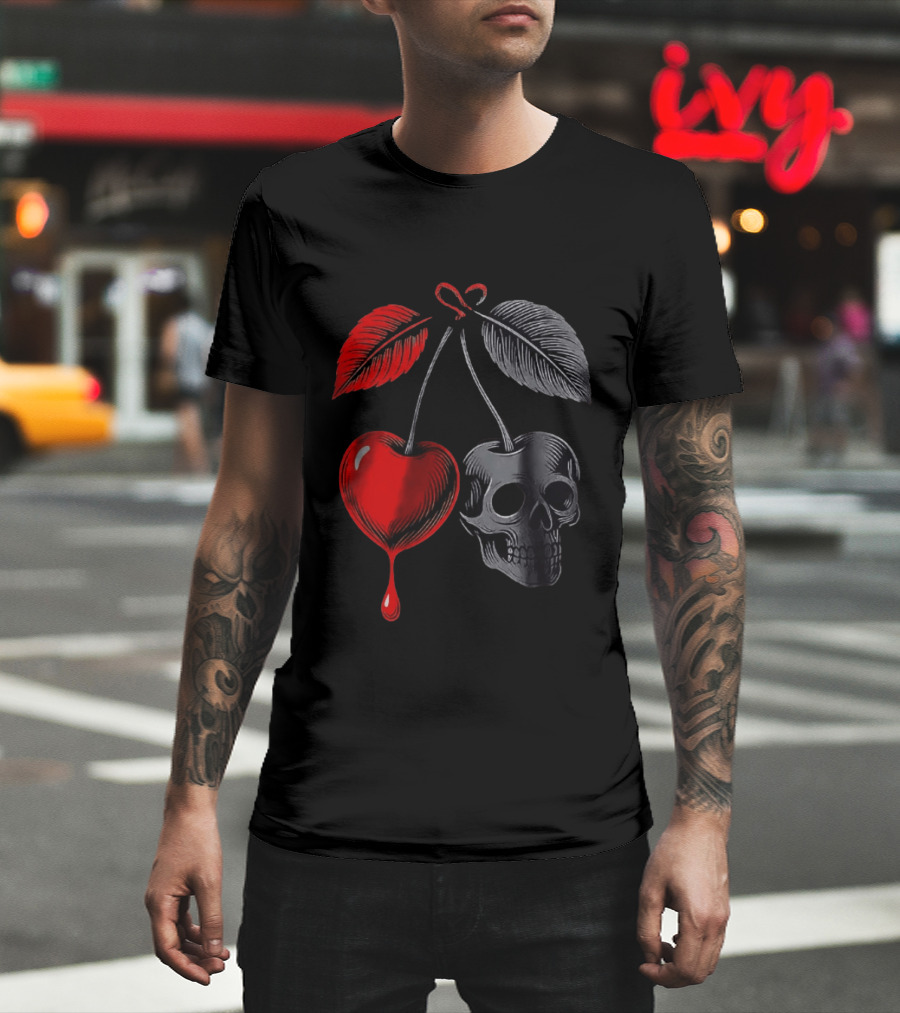 Bleeding Cherry Skull Memento Mori Gothic Macabre Dark Fruit T-Shirt