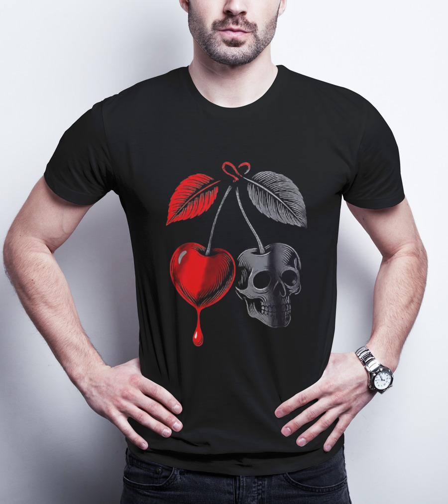 Bleeding Cherry Skull Memento Mori Gothic Macabre Dark Fruit T-Shirt