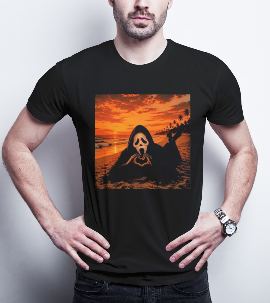 Ghostface Heart Hands Beach Sunset Halloween 2026 T-Shirt
