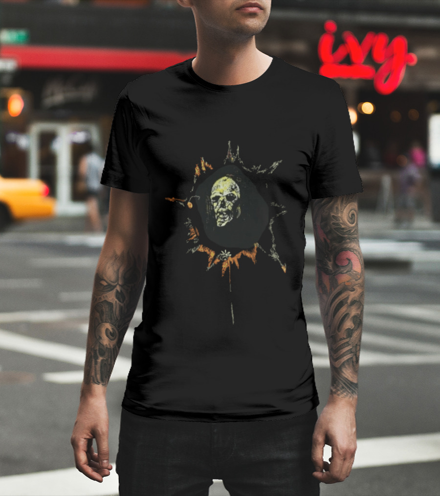 Yellow Spiky Sunburst Frame Hooded Skull Face Distressed Sketch T-Shirt