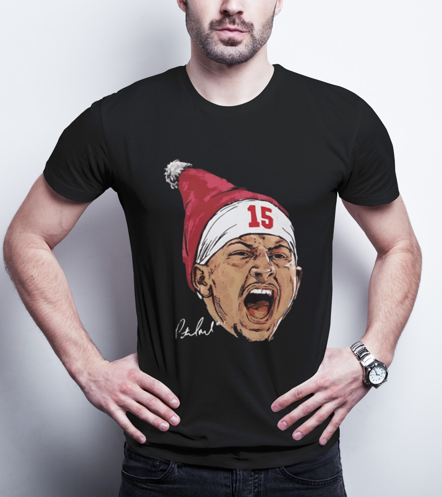 Pat Mahomes Screaming Face Red Santa Hat Number 15 Halftone Caricature T-Shirt