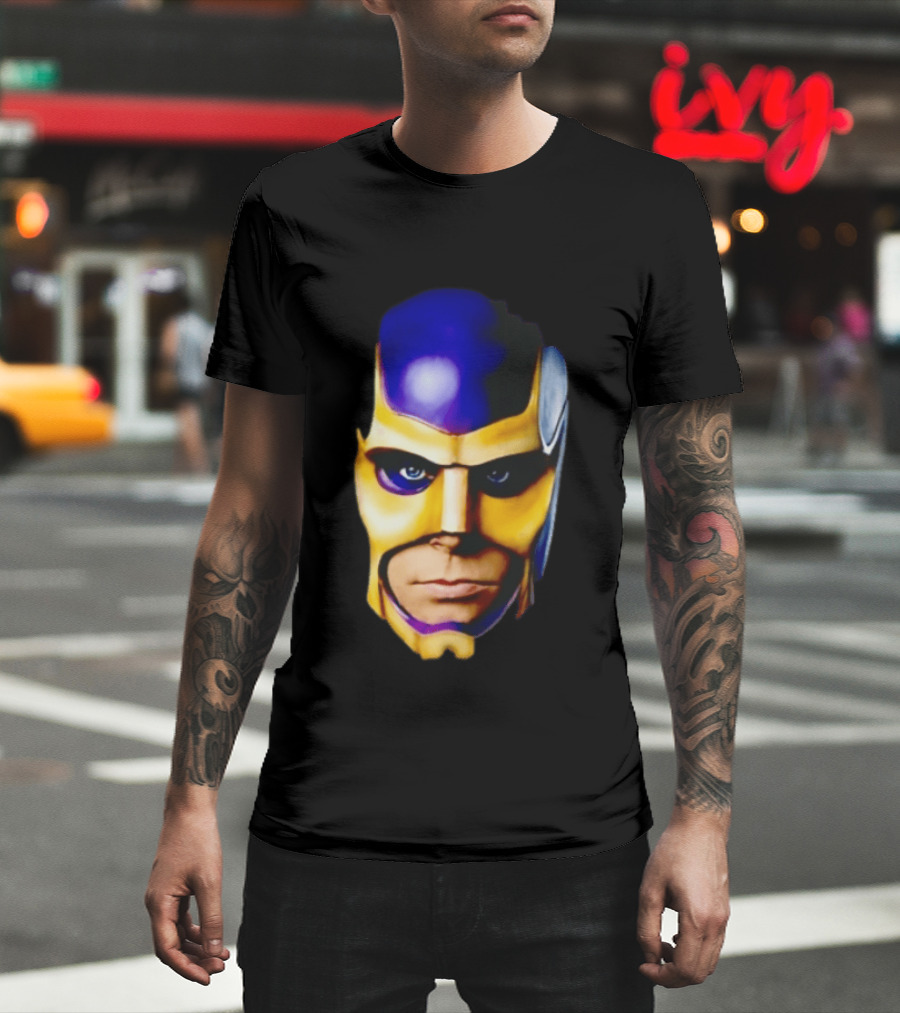 Realistic Painted Purple Gold Superhero Mask Face Close Up T-Shirt