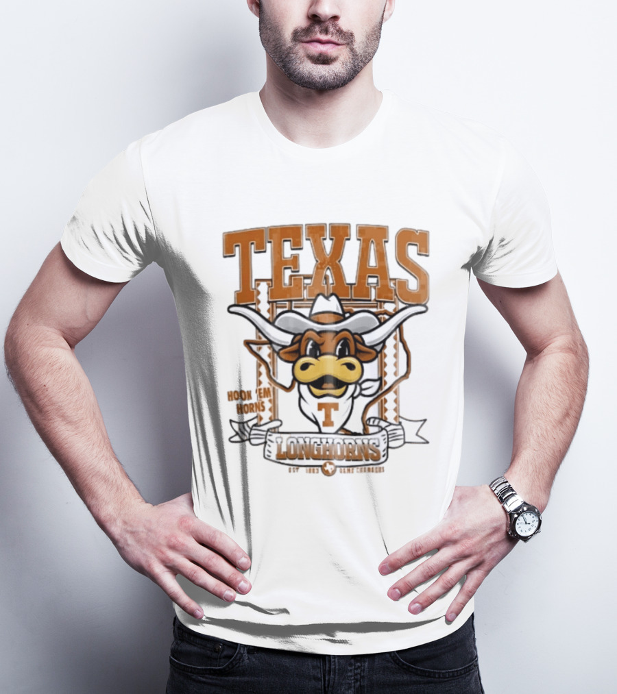 Texas Longhorns Hook Em Horns Game Changers Est 1883 State Map Cartoon T-Shirt