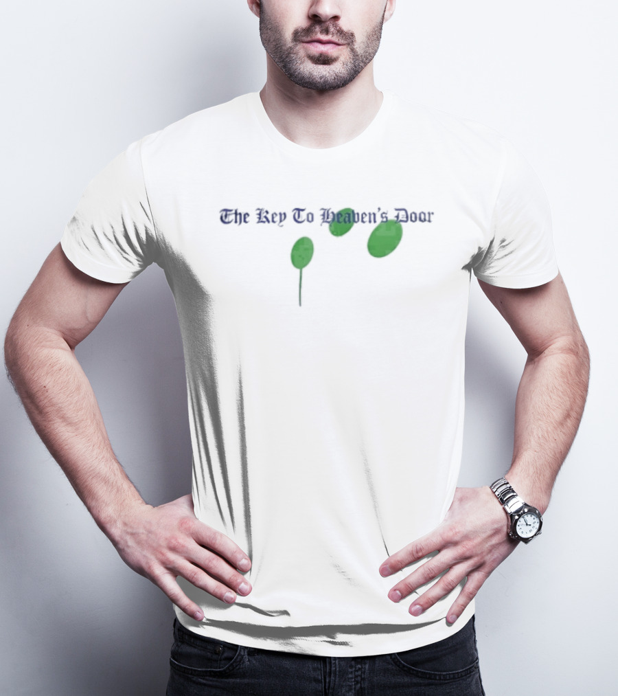 The Key To Heaven's Door Blue Lettering Three Green Ovals With Stem T-Shirt