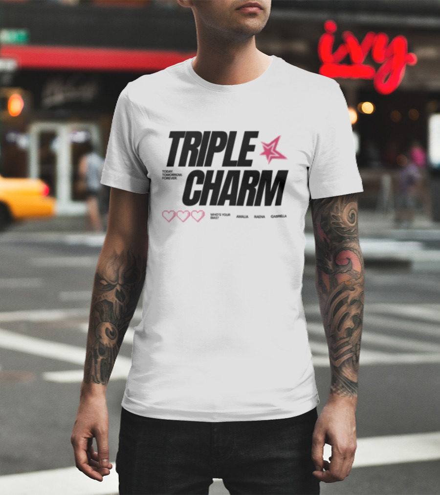 Triple Charm White Hearts Pink Star T-Shirt