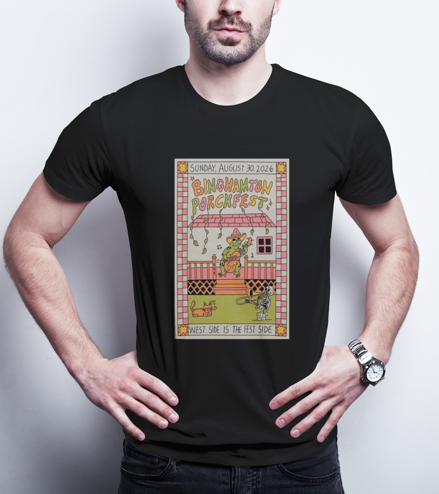 Binghamton Porchfest August 30 2026 West Side Is The Fest Side Sunday Concert Frog And Skeleton Player T-Shirt