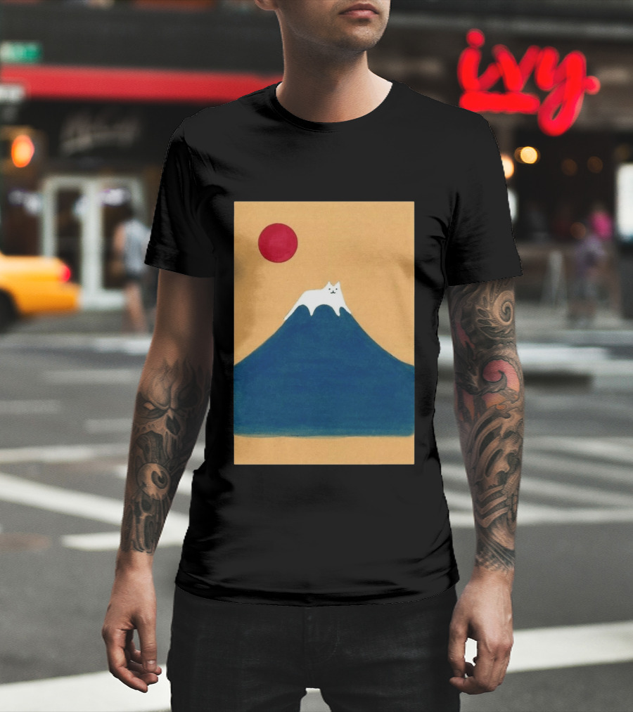 Meow Fuji Cat With Red Sun Illustration Japan T-Shirt