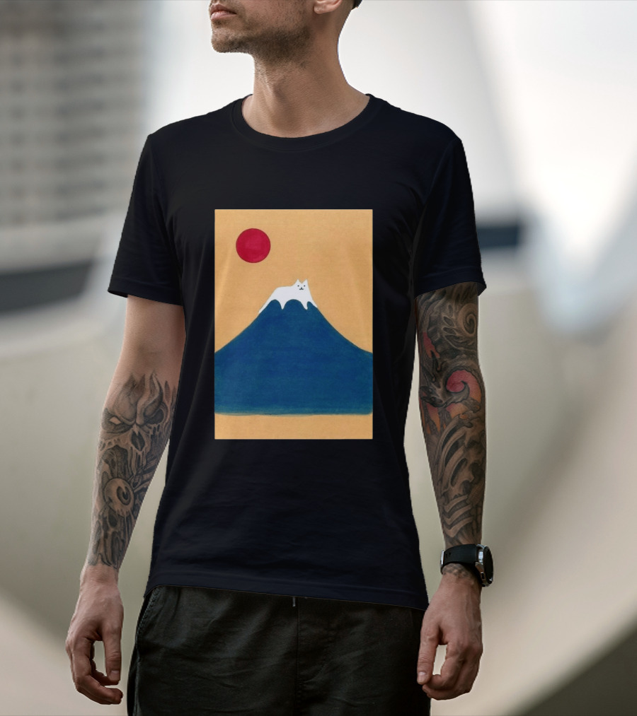 Meow Fuji Cat With Red Sun Illustration Japan T-Shirt