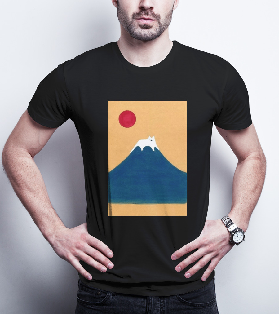 Meow Fuji Cat With Red Sun Illustration Japan T-Shirt