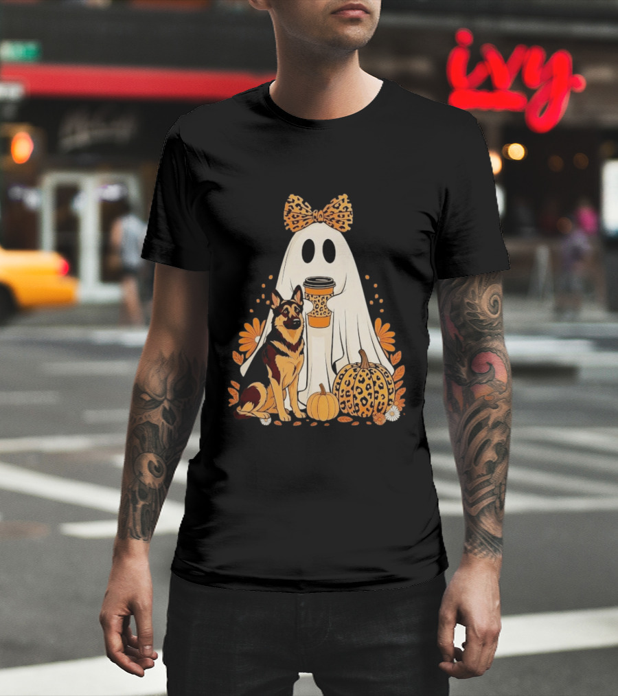 German Shepherd Ghost Leopard Pumpkin Coffee Halloween Bow T-Shirt