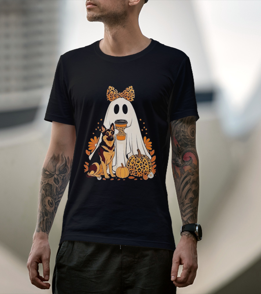 German Shepherd Ghost Leopard Pumpkin Coffee Halloween Bow T-Shirt
