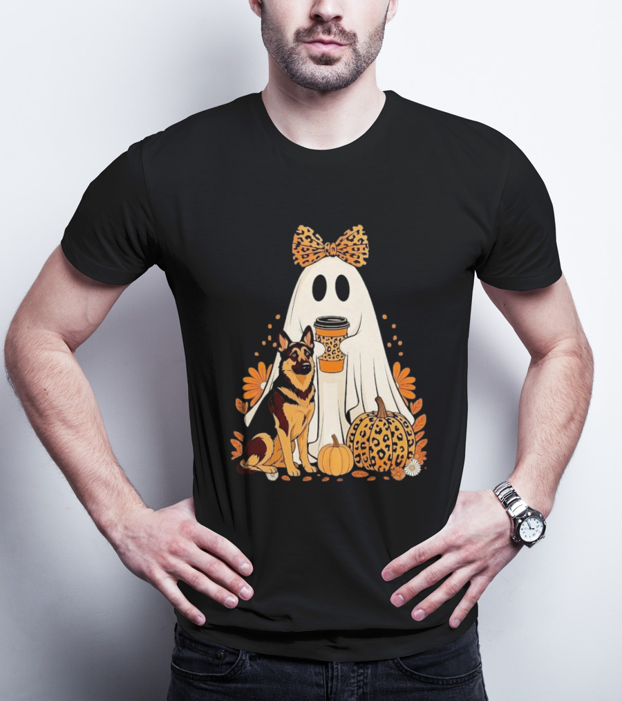 German Shepherd Ghost Leopard Pumpkin Coffee Halloween Bow T-Shirt