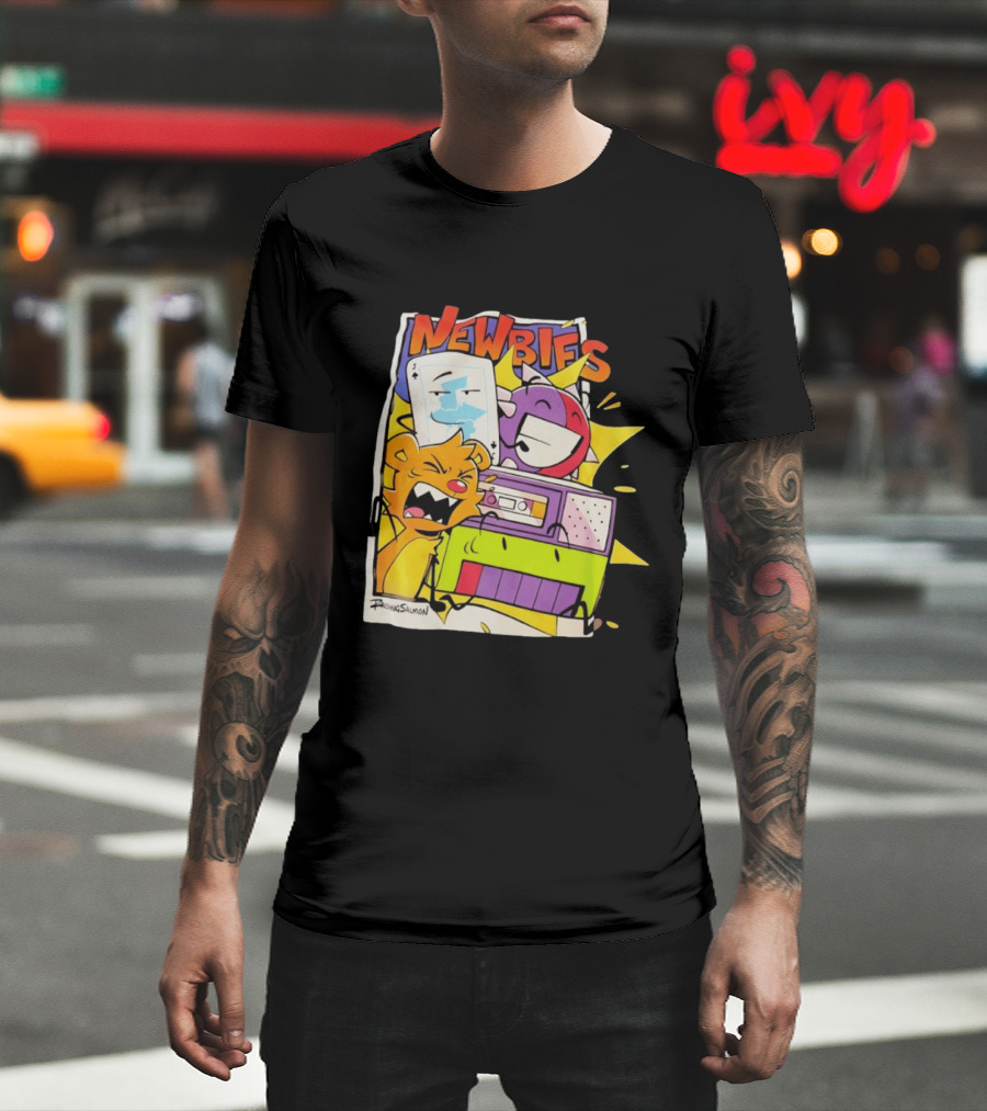 Newbies RaidingSalmon Cartoon Boombox And Cards Explosion T-Shirt