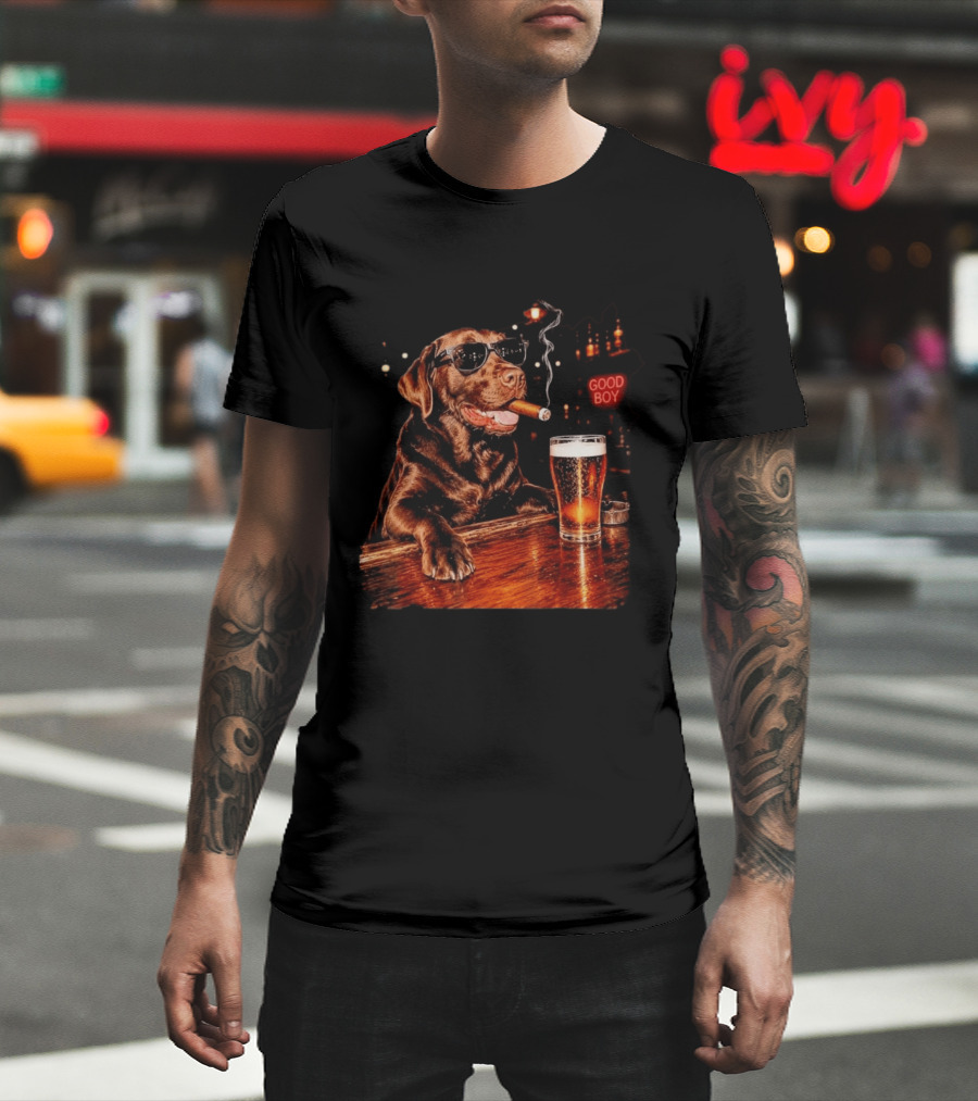 Silly Chocolate Labrador Retriever Drinking Beer Cigar Dog Good Boy Bar Night T-Shirt