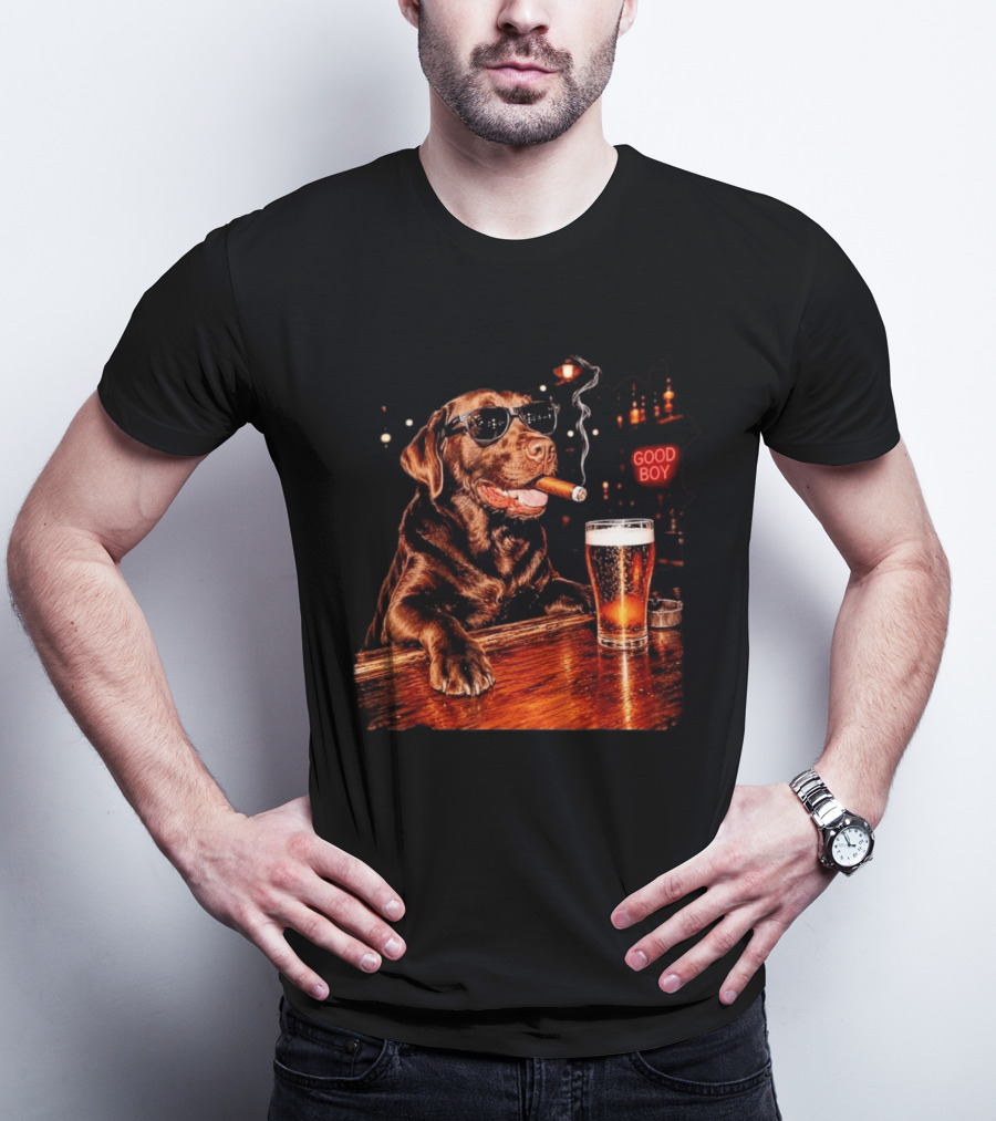 Silly Chocolate Labrador Retriever Drinking Beer Cigar Dog Good Boy Bar Night T-Shirt