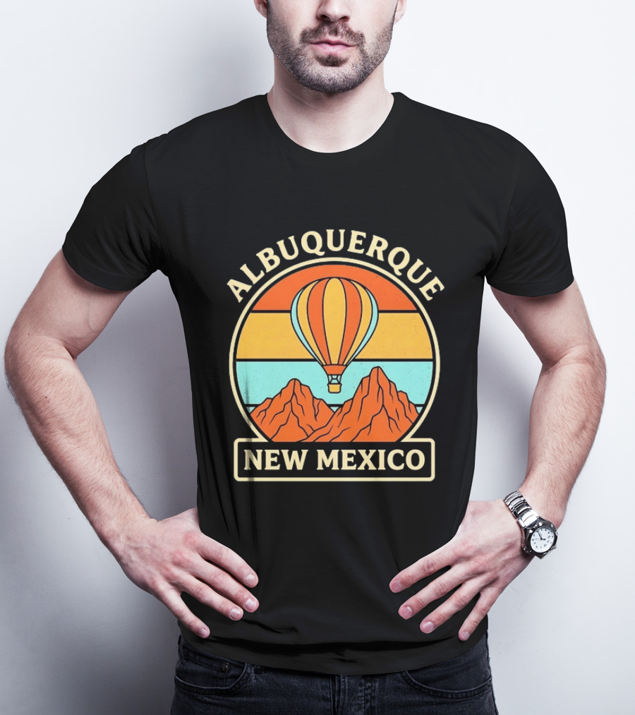 Albuquerque New Mexico Hot Air Balloon Over Mountains T-Shirt
