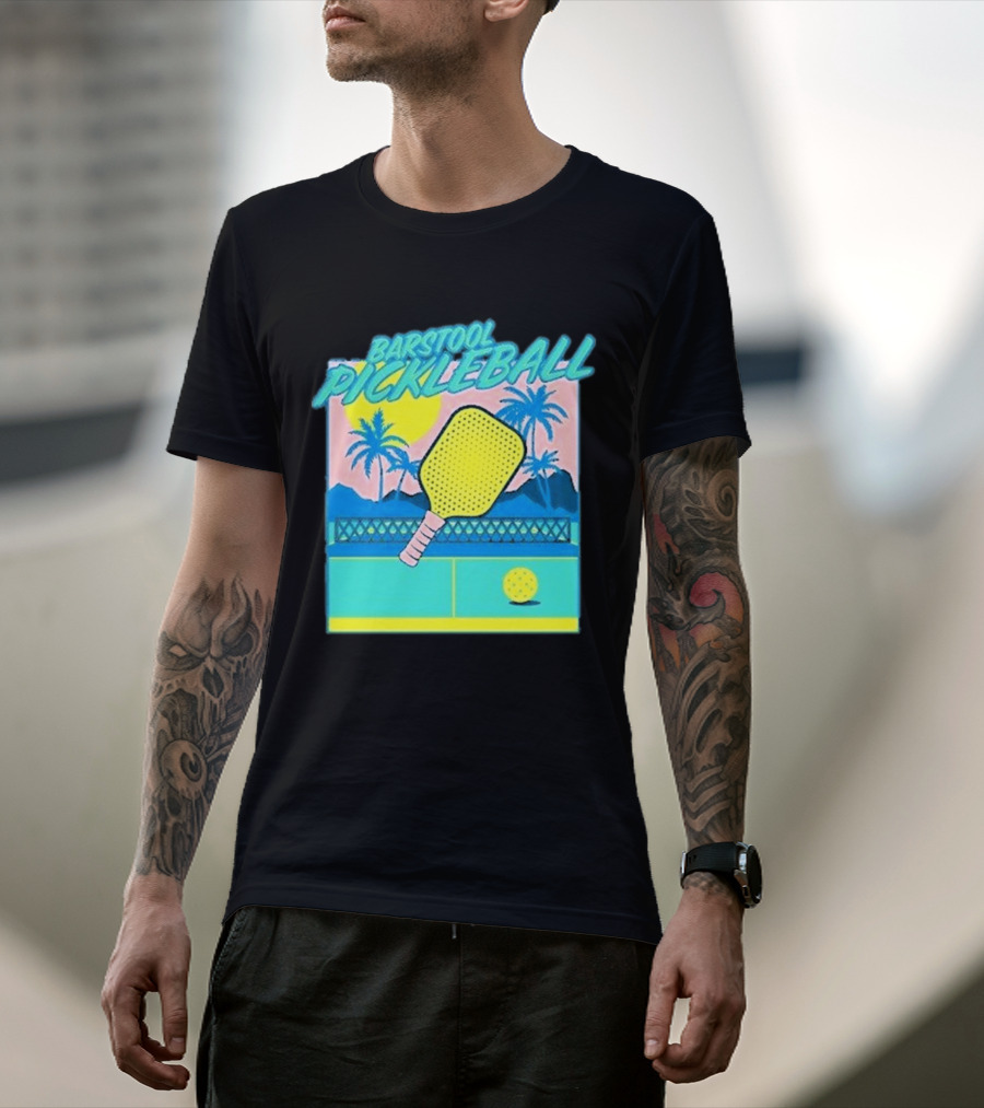 Barstool Pickleball Tropical Retro Paddle And Palm Trees T-Shirt