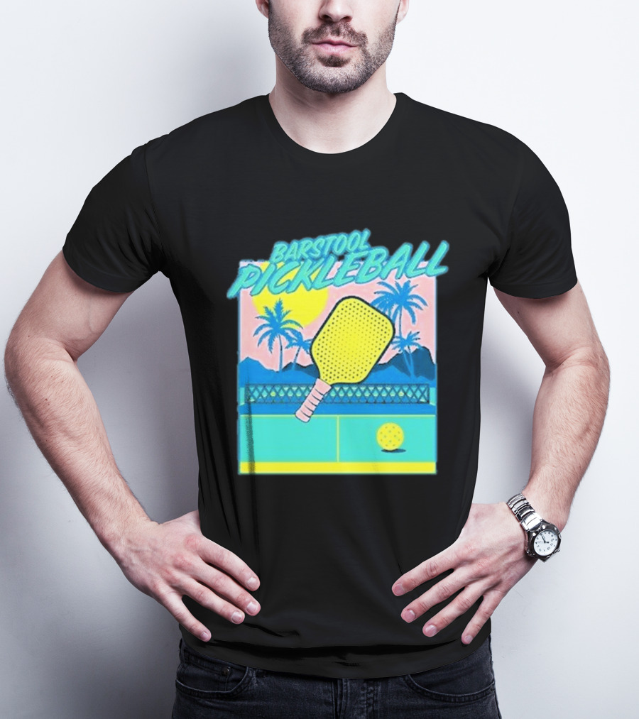 Barstool Pickleball Tropical Retro Paddle And Palm Trees T-Shirt