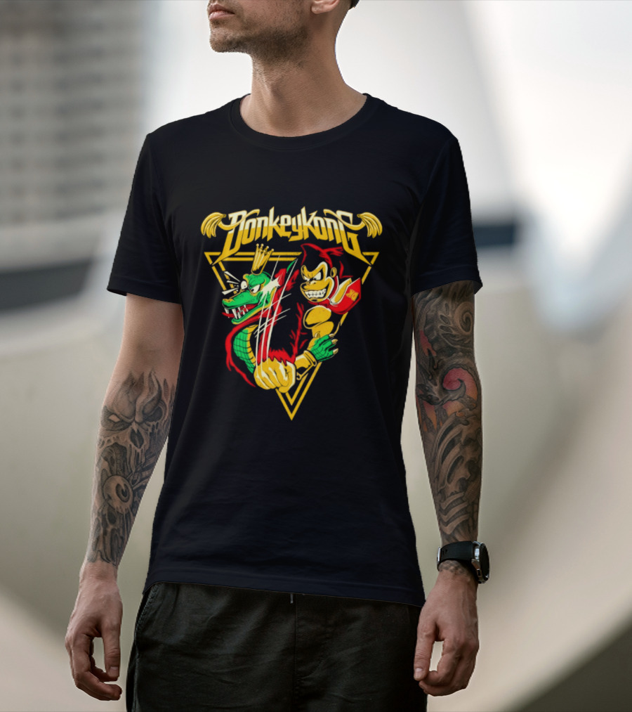 Donkey Kong Cartoon Retro Style Triangular Battle Scene T-Shirt